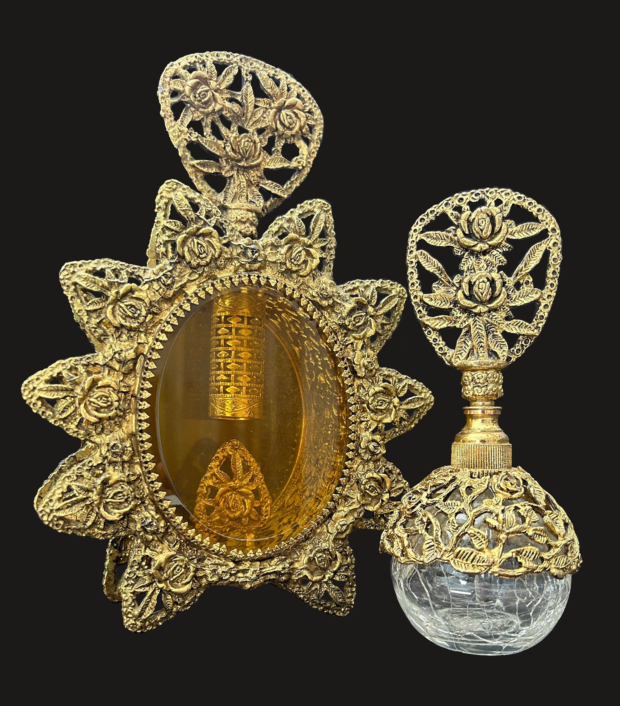 HOLLYWOOD REGENCY Perfume Bottle With AMBER Glass Vintage Ormolu ...