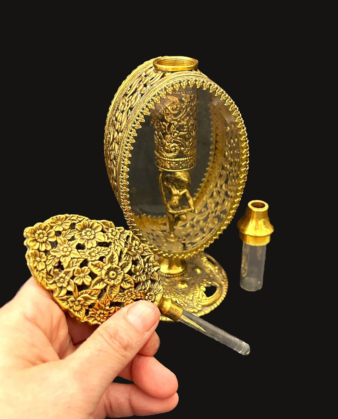 HOLLYWOOD REGENCY Ormolu Perfume Bottle With CHERUB | Gold Filigree ...