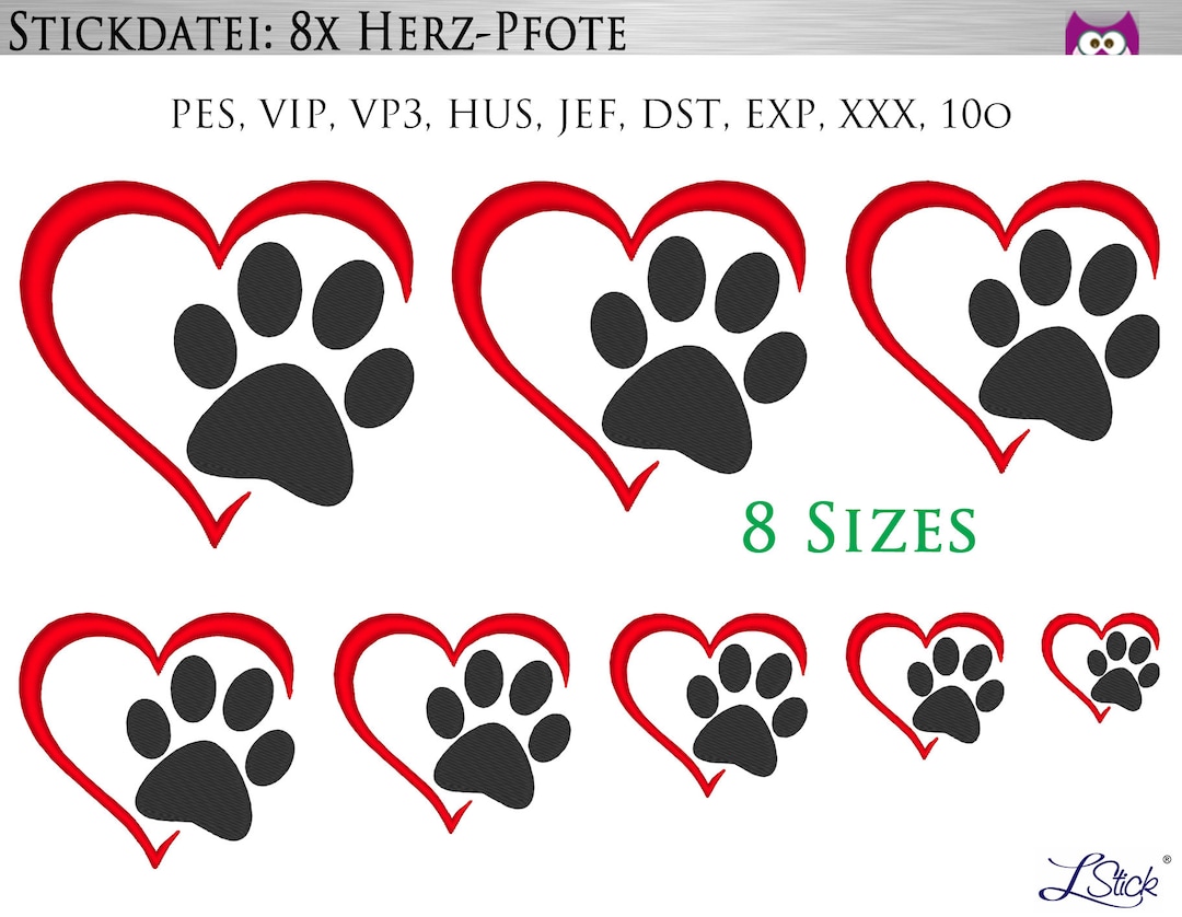Digital Download Heart Paw Print 8 Sizes Dog Cat, Embroidery File ...