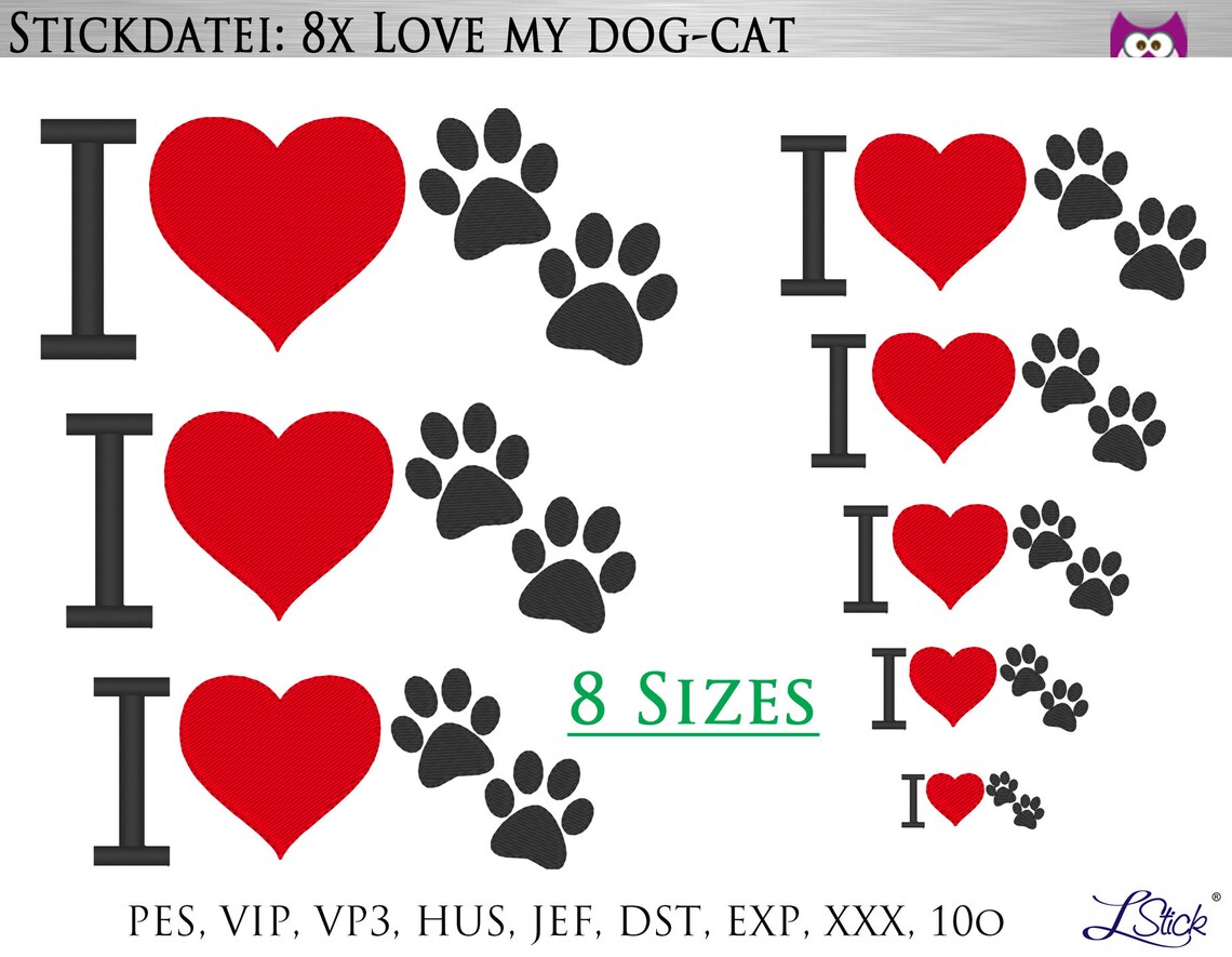 Digital Download Love Paw Print 8 Sizes Paw Print Dog Cat, Embroidery ...