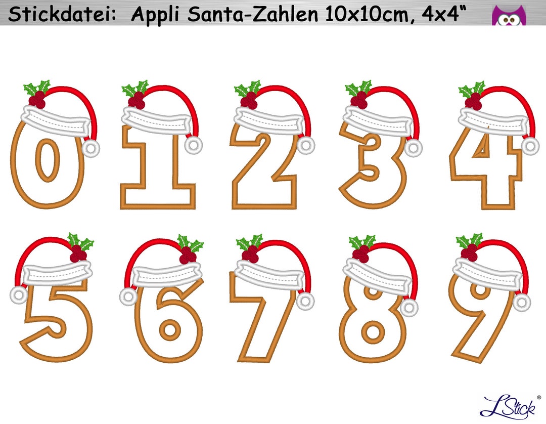 Embroidery File Appli Santa Numbers 10x10cm, 4x4" With Santa Hat ...
