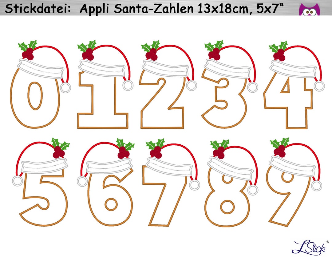 Embroidery File Appli Santa Numbers 13x18cm, 5x7" With Santa Hat ...