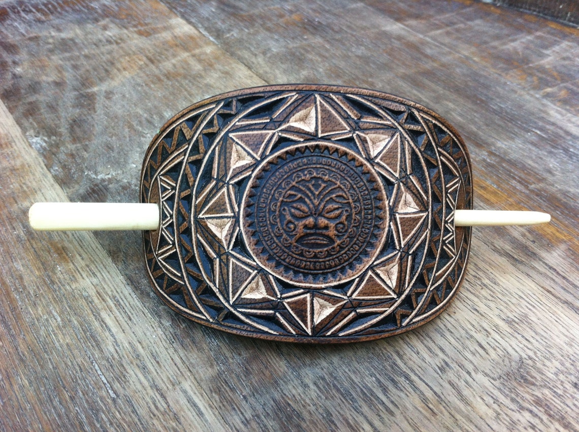 Aztec Face Hand Carved Leather Hair Barrette Hair Accessories - Etsy