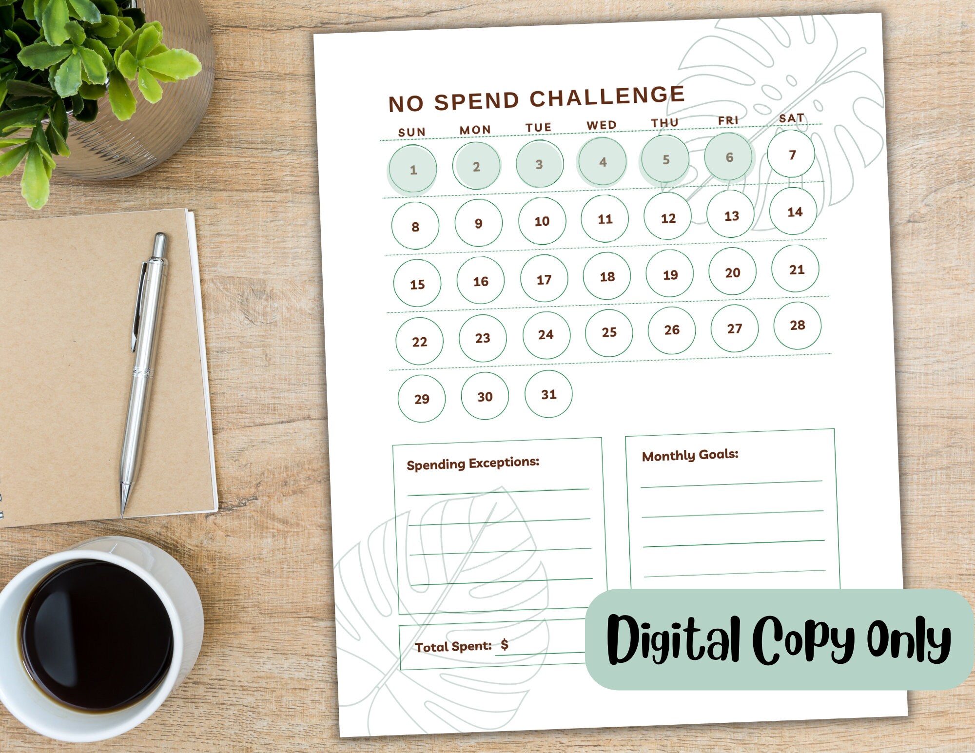 No Spend Challenge Digital Printable Botanical 28 30 31 - Etsy