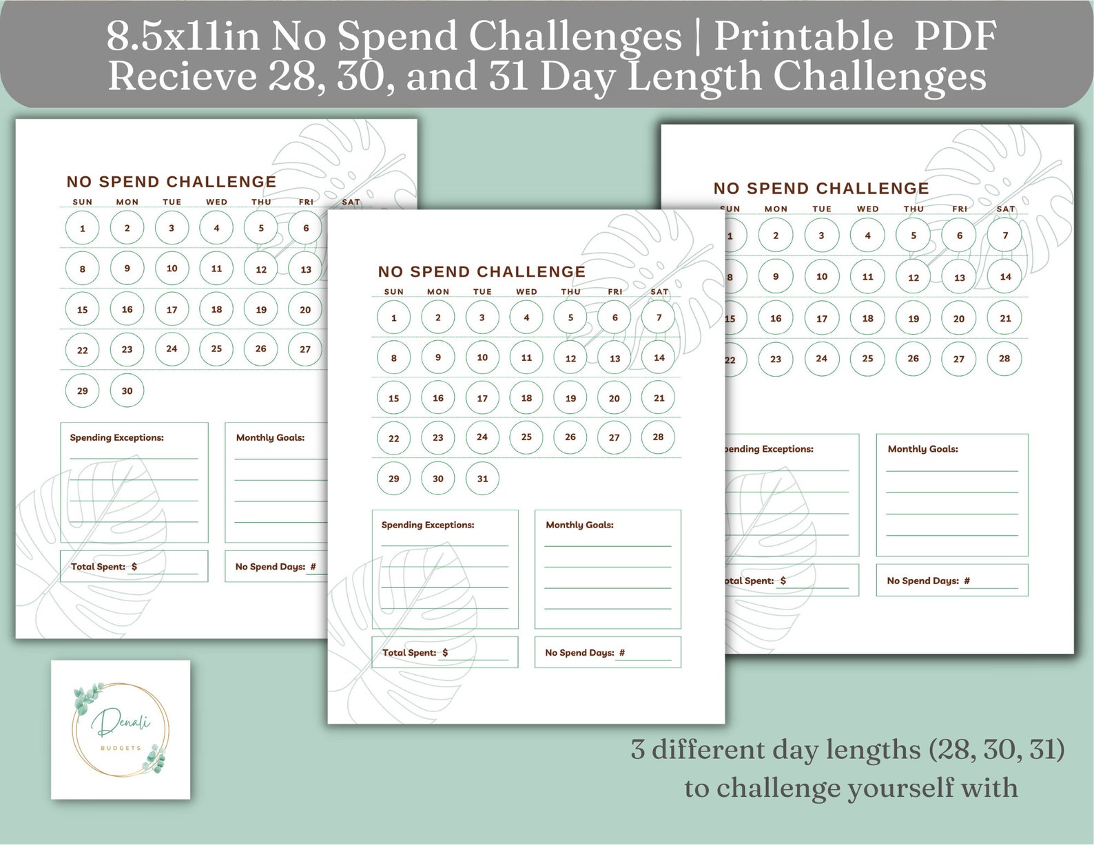 No Spend Challenge Digital Printable | Botanical | 28, 30, 31 Day ...