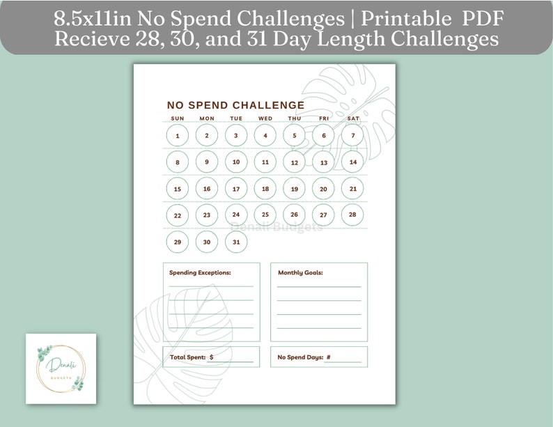 No Spend Challenge Digital Printable Botanical 28, 30, 31 Day Savings ...