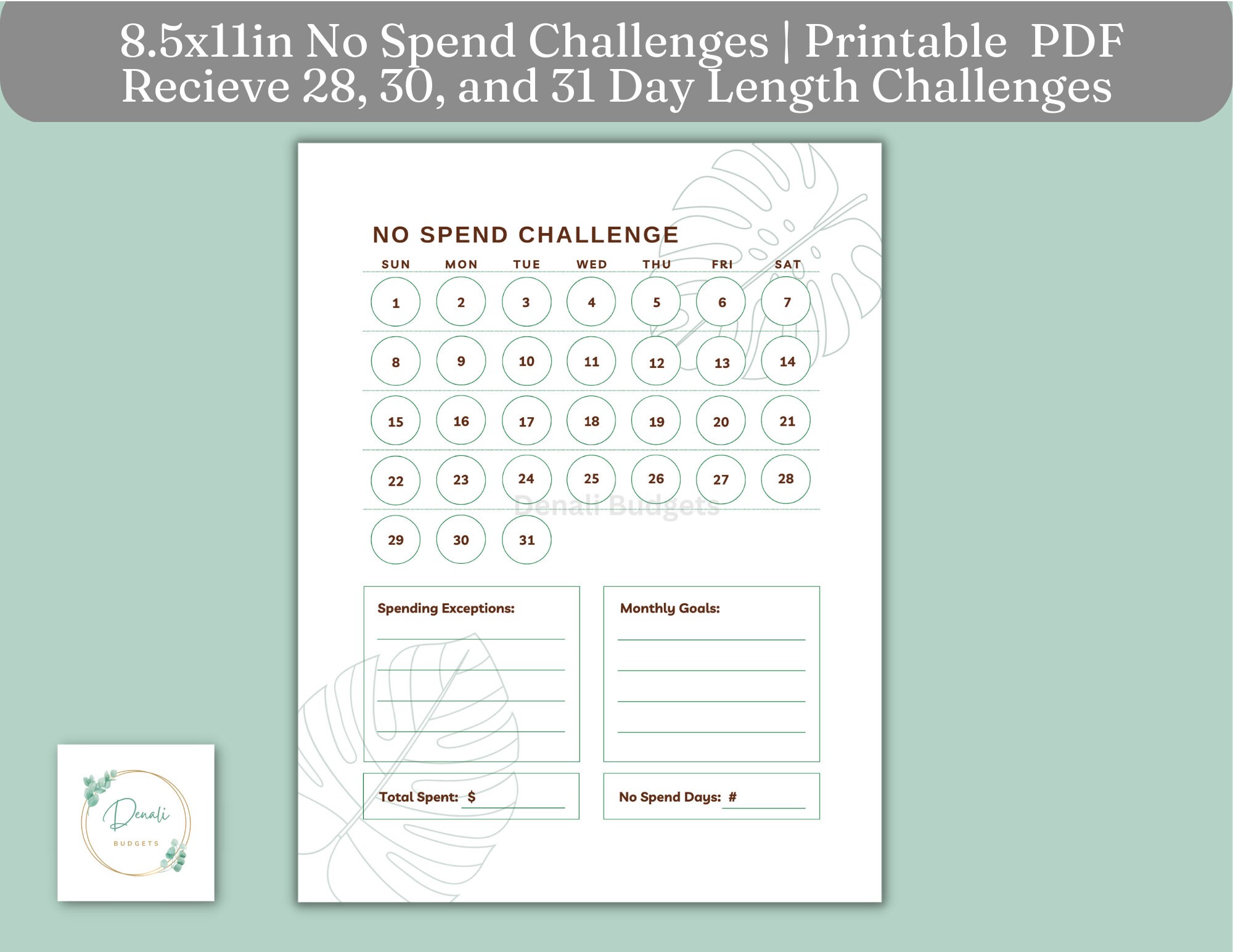 No Spend Challenge Digital Printable Botanical 28 30 31 - Etsy