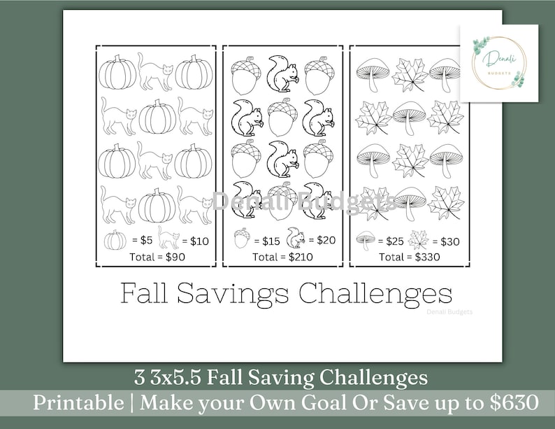 Fall Savings Challenge | Printable PDF | 3 3x5.5inch Mini Challenges ...