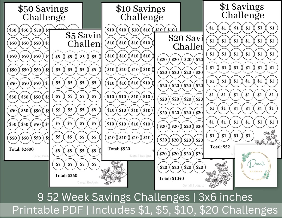 52 Week Saving Challenges Bundle Printable | 3x6in | 9 Challenges | 1 ...