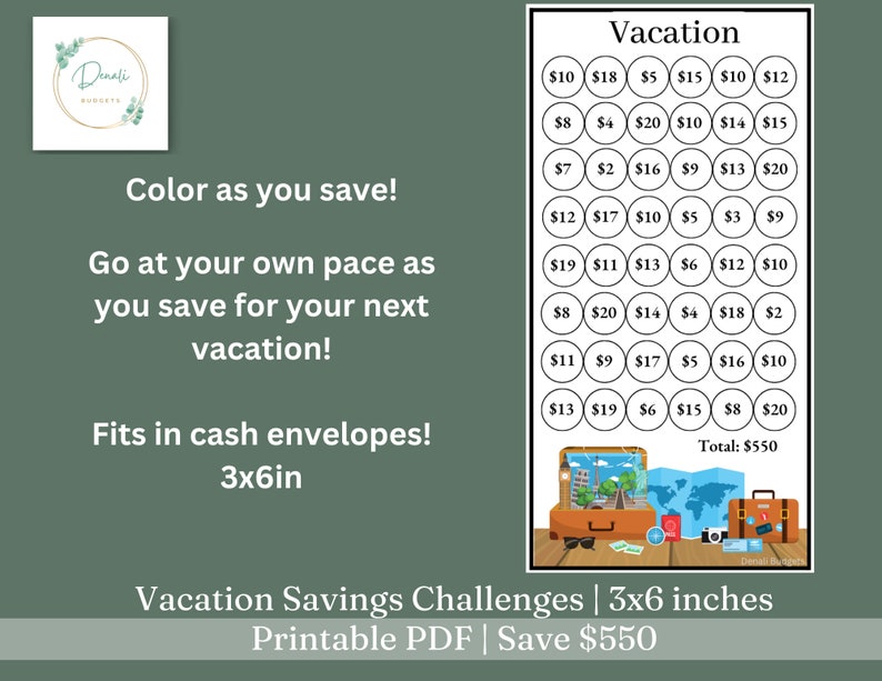 Vacation Savings Challenge | Save 550 Dollars | 3x6in Printable | Great ...