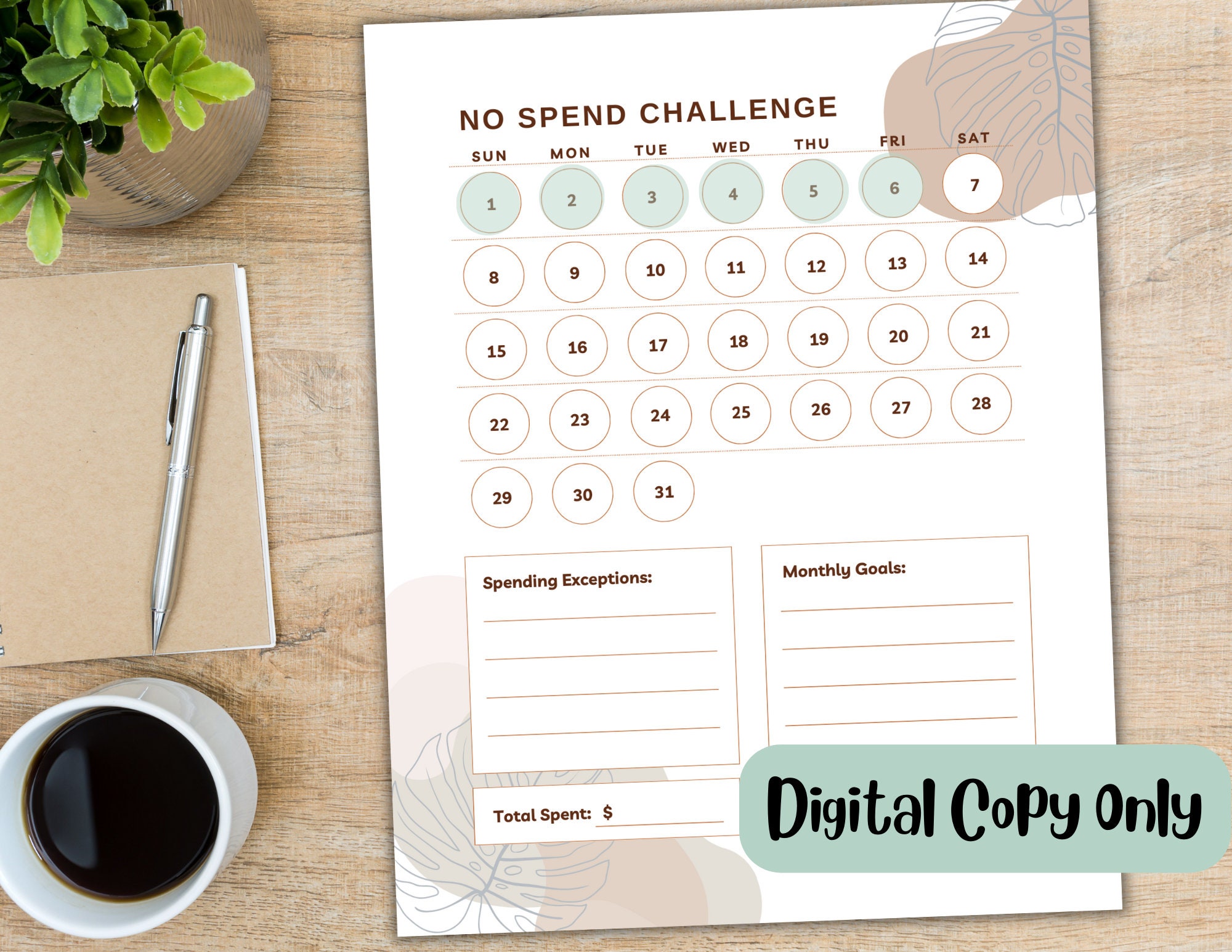 No Spend Challenge Digital Printable | Neutral Botanical | 28, 30, 31 ...