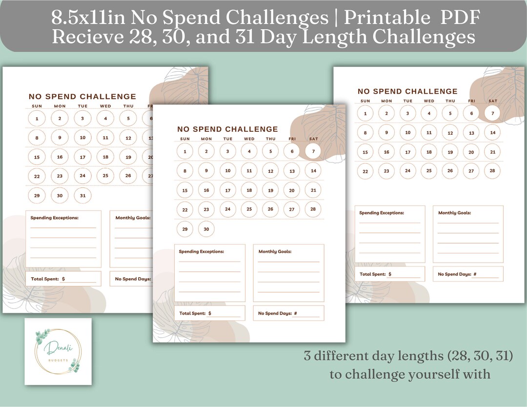 No Spend Challenge Digital Printable | Neutral Botanical | 28, 30, 31 ...
