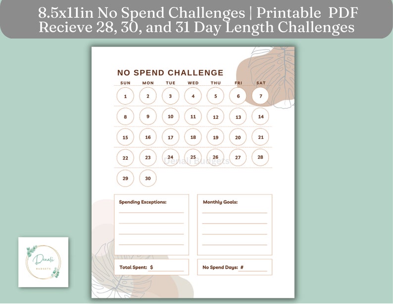 No Spend Challenge Digital Printable | Neutral Botanical | 28, 30, 31 ...