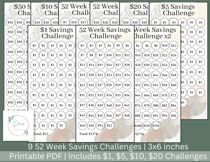 52 Week Savings Challenge Bundle | 3x6in Printable | 9 Challenges | 1 ...
