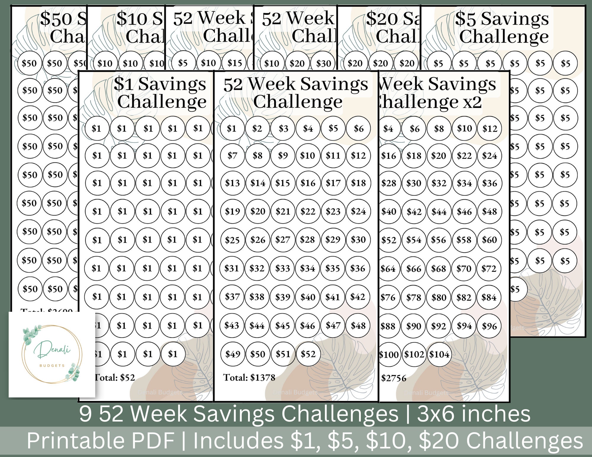 52 Week Savings Challenge Bundle 3x6in Printable 9 Challenges 1, 5, 10 ...