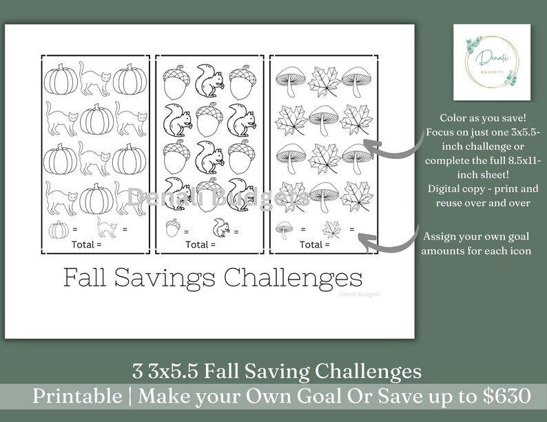 Fall Savings Challenge | Printable PDF | 3 3x5.5inch Mini Challenges ...