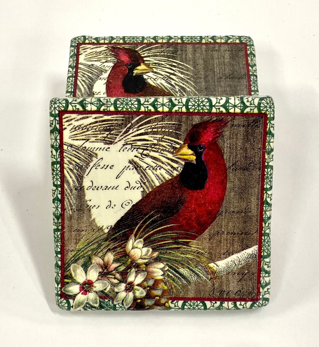 HANDCRAFTED Set of 4 Decoupaged Cardinal Stone Drink Coasters, Kitchen ...