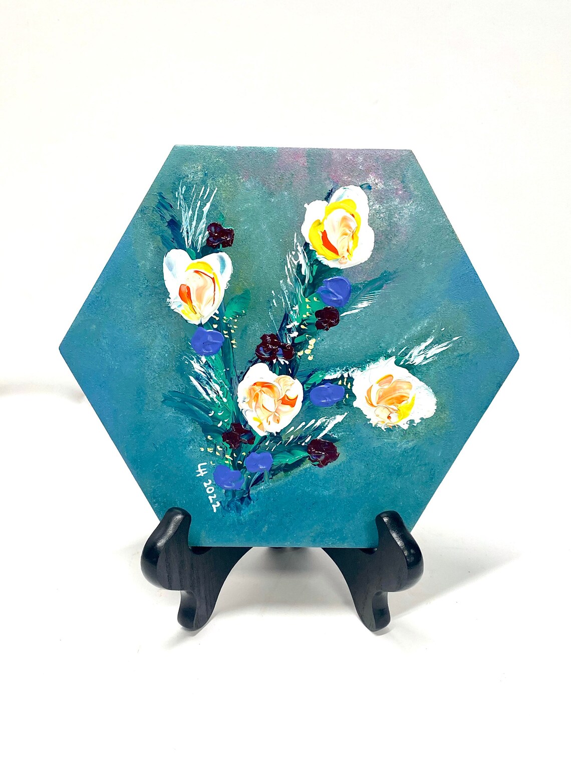 ORIGINAL Impasto Acrylic Flower Hexagon Ceramic Tile, Handmade Textured ...