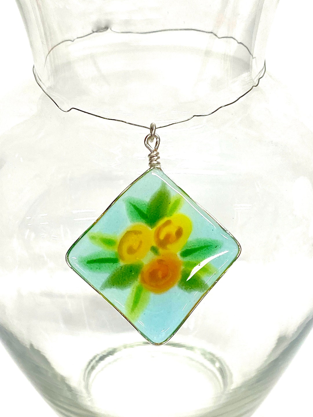 HANDMADE Yellow Floral Rose Resin Art Hand Painted Statement Pendant ...