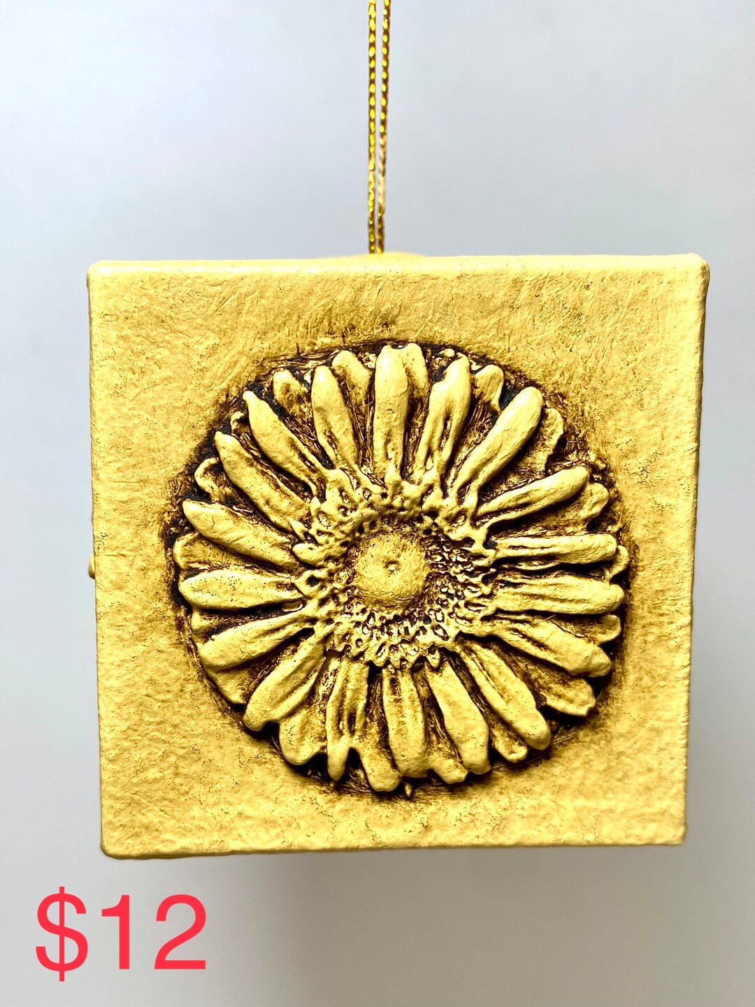 HANDMADE Embellished Sunflower Paper Mache Square Ornament, Christmas ...