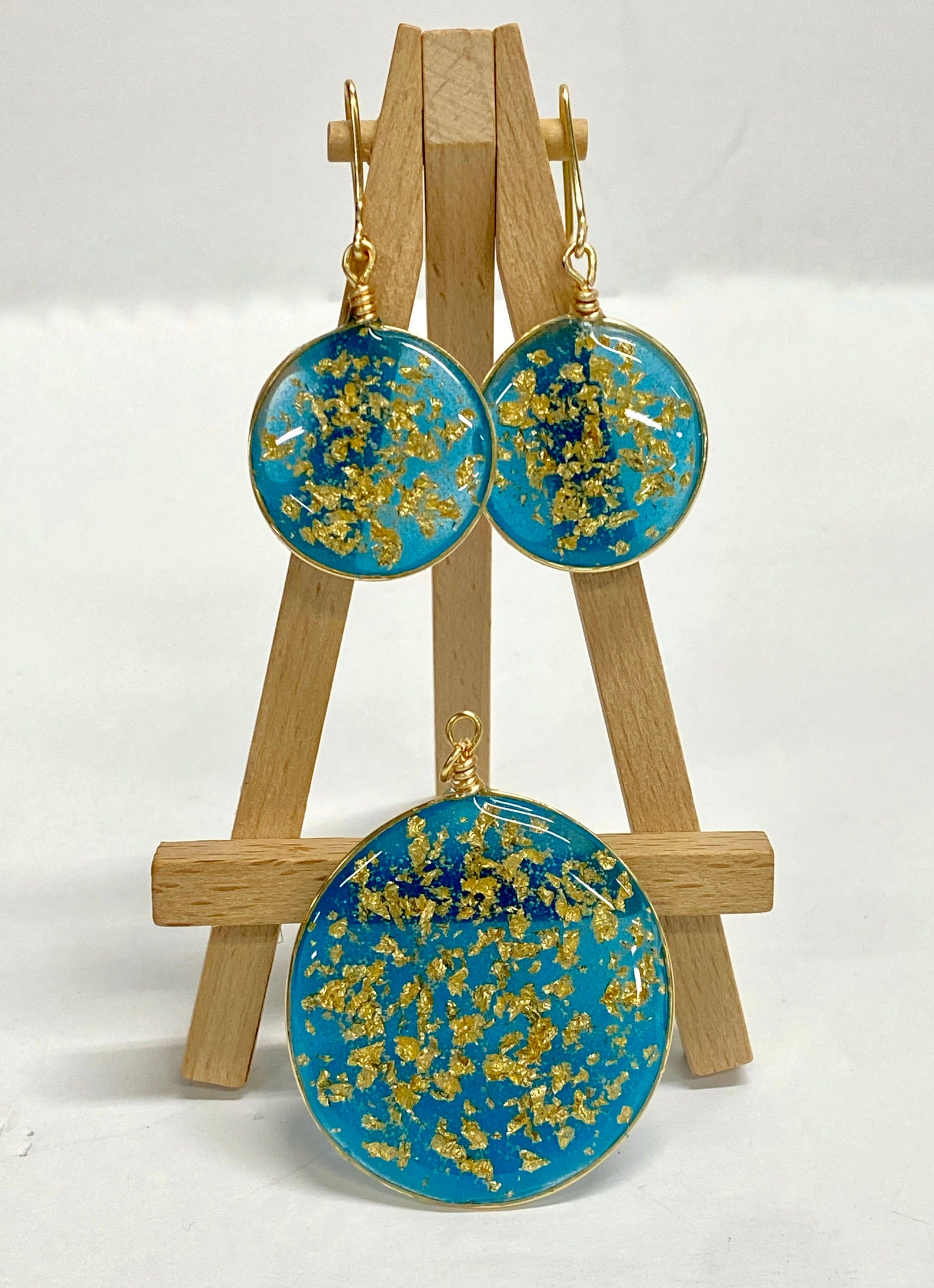 HANDMADE Gold Leaf Deep Turquoise Resin Art Jewelry Set, Handcrafted ...