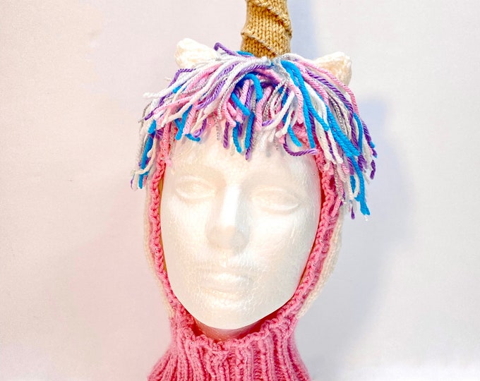HAND Knit Child Unicorn Balaclava Hat White Pink Colorful Mane Sparkly ...