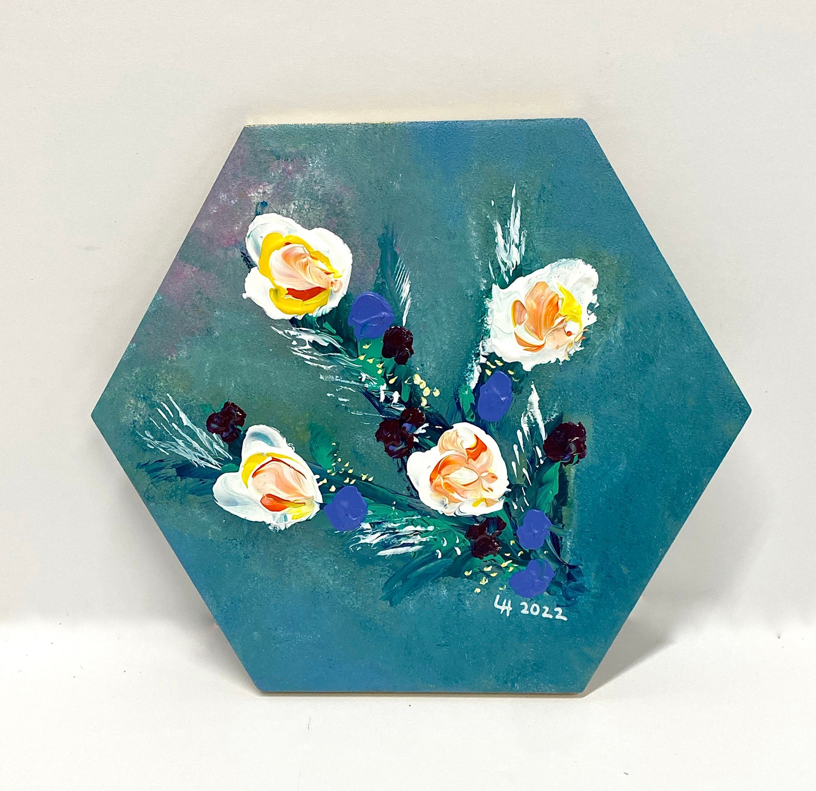 ORIGINAL Impasto Acrylic Flower Hexagon Ceramic Tile, Handmade Textured ...