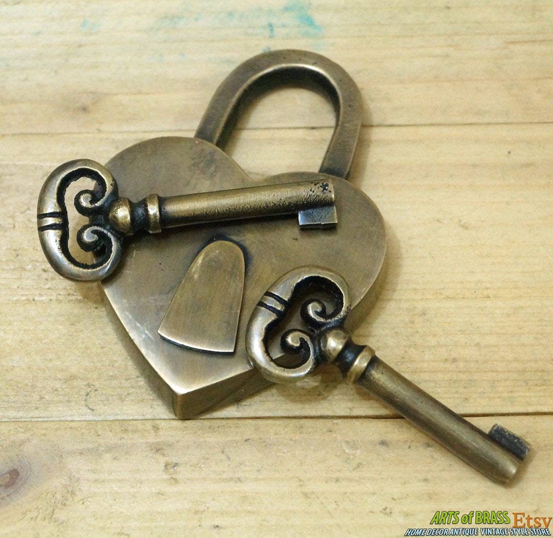 Set Vintage Love Heart Forever PADLOCK With SKELETON Keys Solid Brass ...