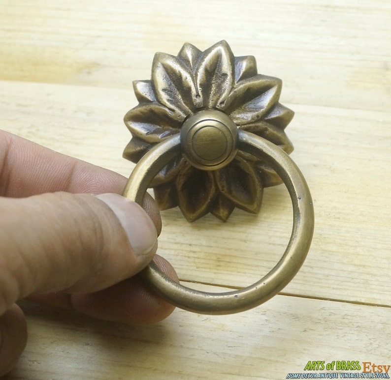 2.16" Diameter 2 Pcs Vintage Solid Brass Ring Pull Crochet Daisy Flower ...