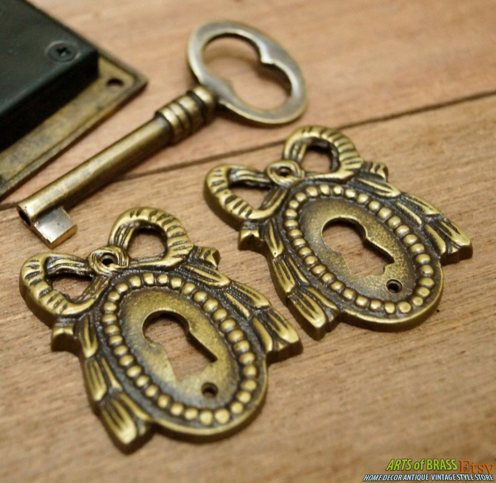 Set Antique Classic RIBBON Key Hole Plate With Vintage Brass - Etsy