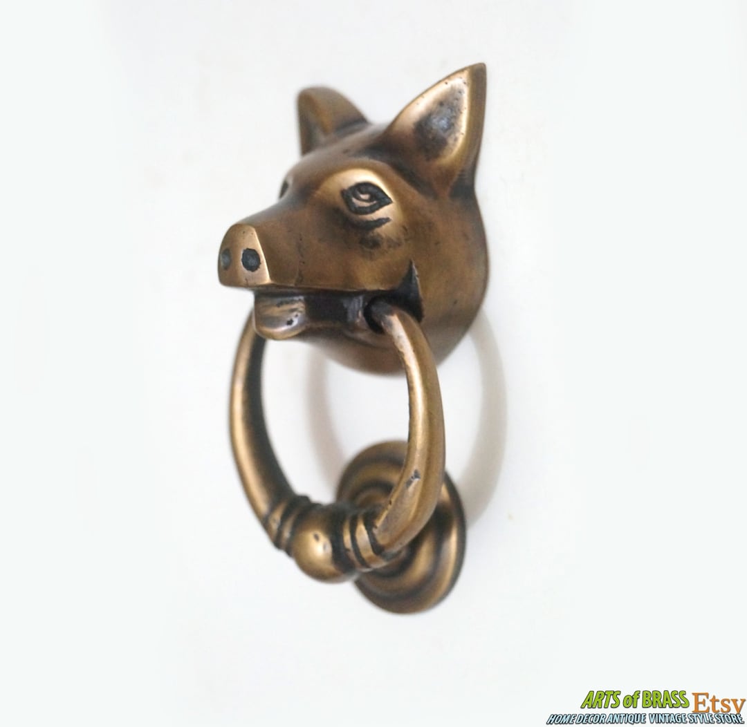 2.95" Inches Mini VINTAGE Solid Brass PIG Farm Head State Farm Front Mini Door KNOCKER With Pull ...