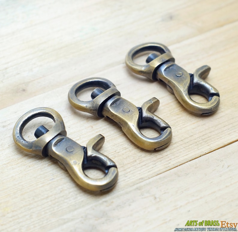 Lot of 3 Pcs Vintage Solid Brass Strong Buckle Locking Clip Snap Hooks ...