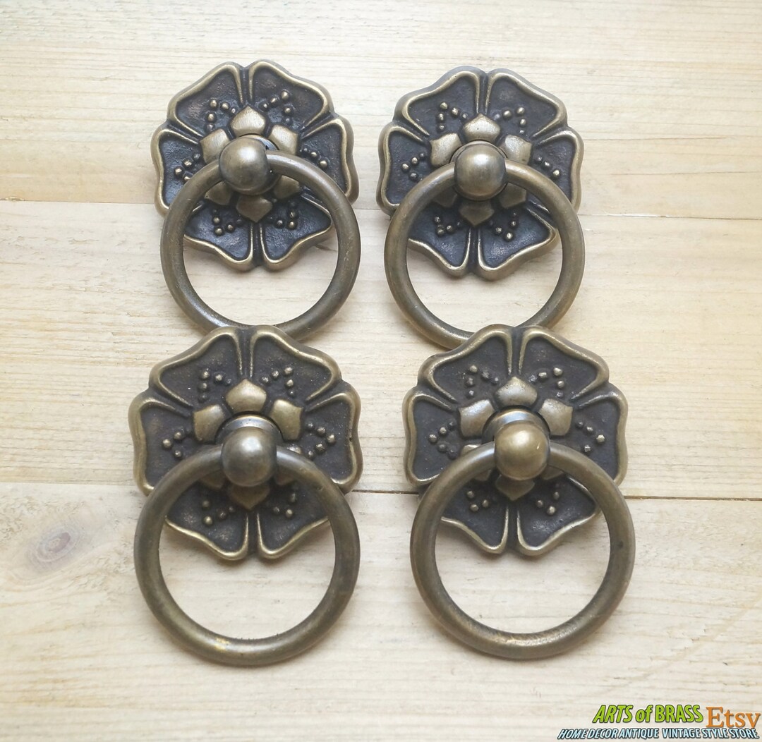 1.92" Diameter Lot of 4 Pcs Vintage Lucky Leaf Flower Round Ring Pull ...