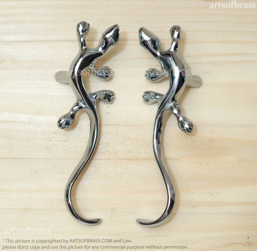 4.84" Inches Pair 2 Pcs CHROME Finishing LIZARD Gecko Solid Brass Cabinet Brass KNOB Drawer ...