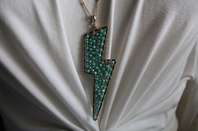 Seed Bead LIGHTNING BOLT TEAL and Gold Necklace | Etsy