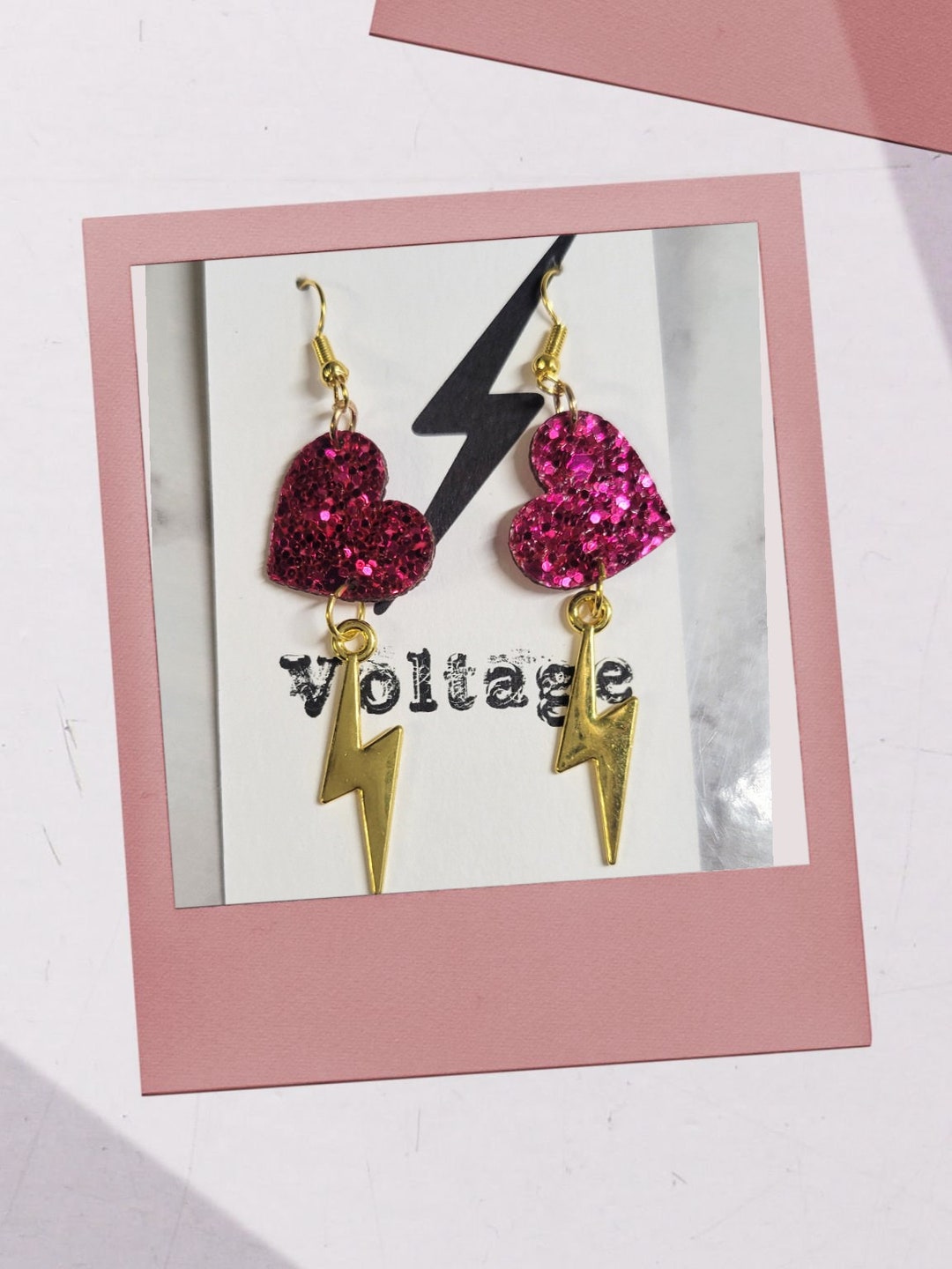 HOT PINK GLITTER Heart Lightning Bolt Earrings - Etsy