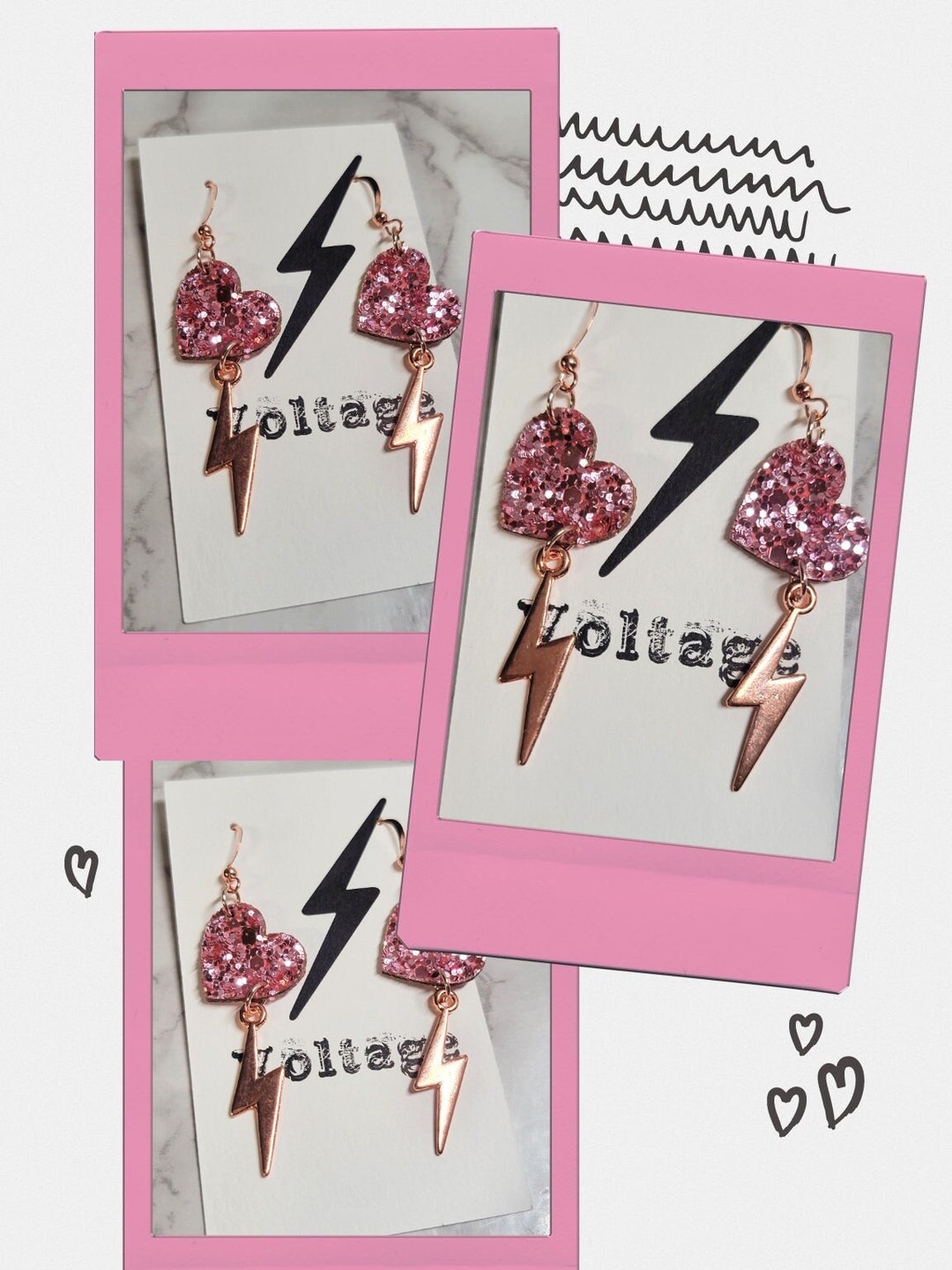 PINK GLITTER HEART Lightning Bolt Earrings - Etsy