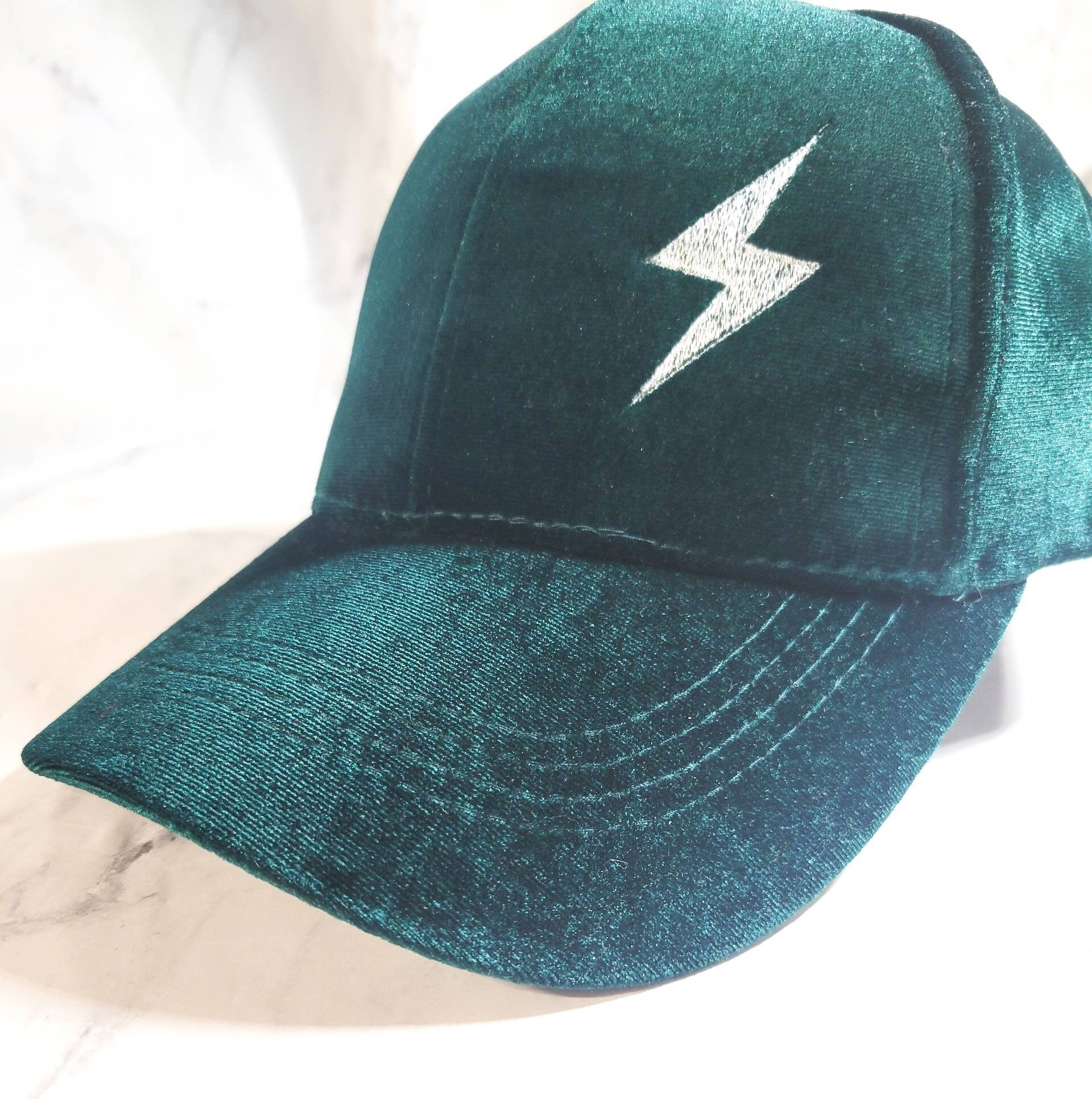 HUNTER GREEN VELVET Cap Lightning Bolt Embroidered - Etsy