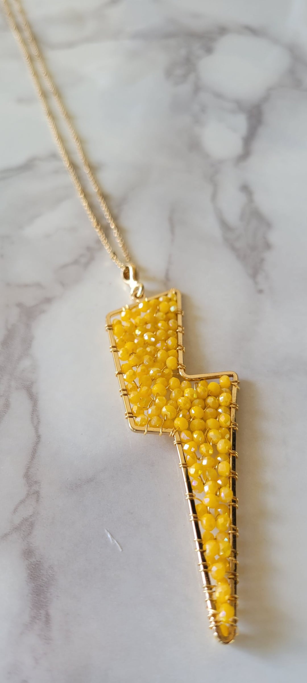 Seed Bead LIGHTNING BOLT Yellow MUSTARD Tone and Gold Necklace - Etsy