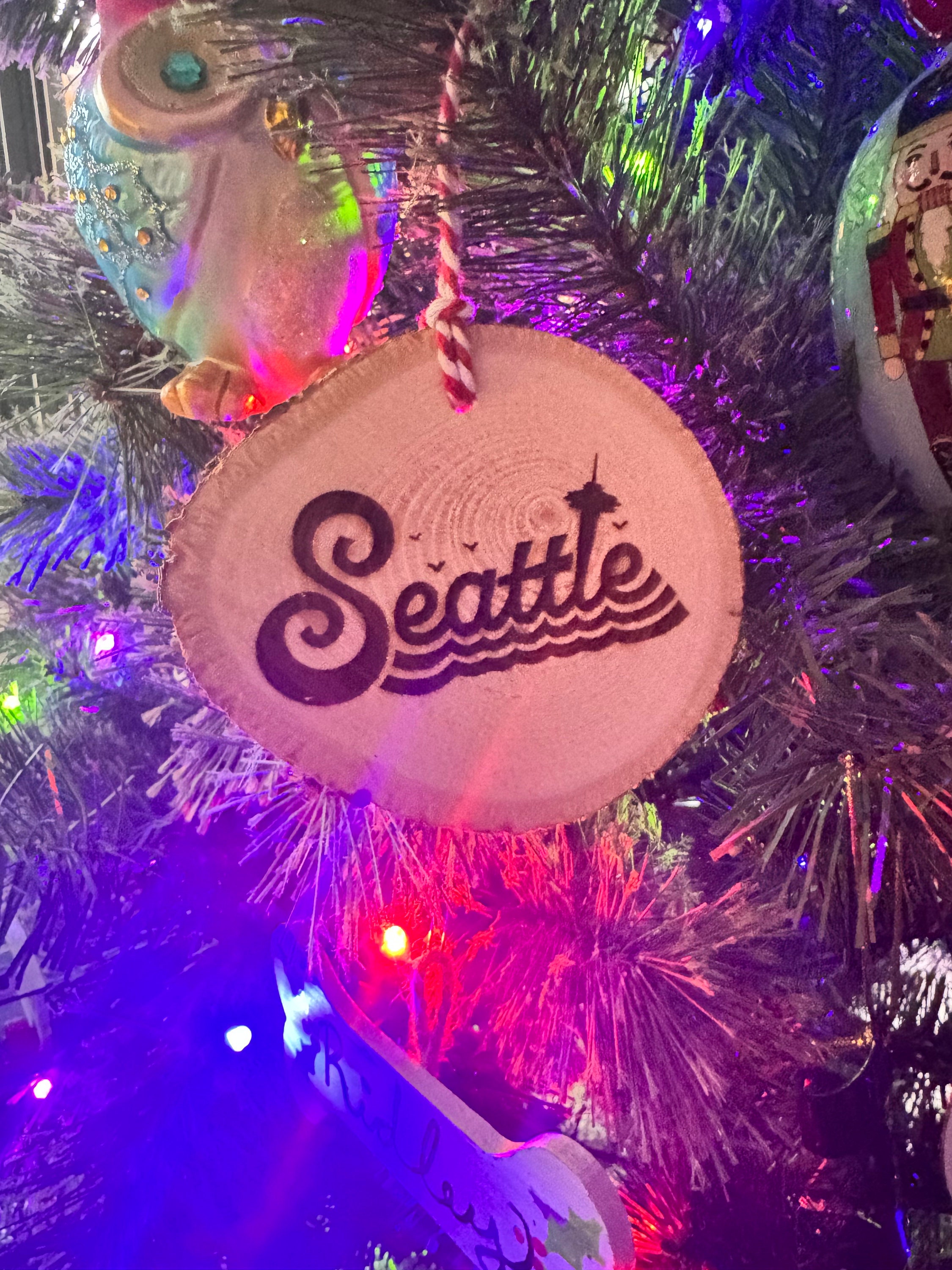 Ornament Wood Slice With Laser Cut Seattle Cityscape Typography sizes ...