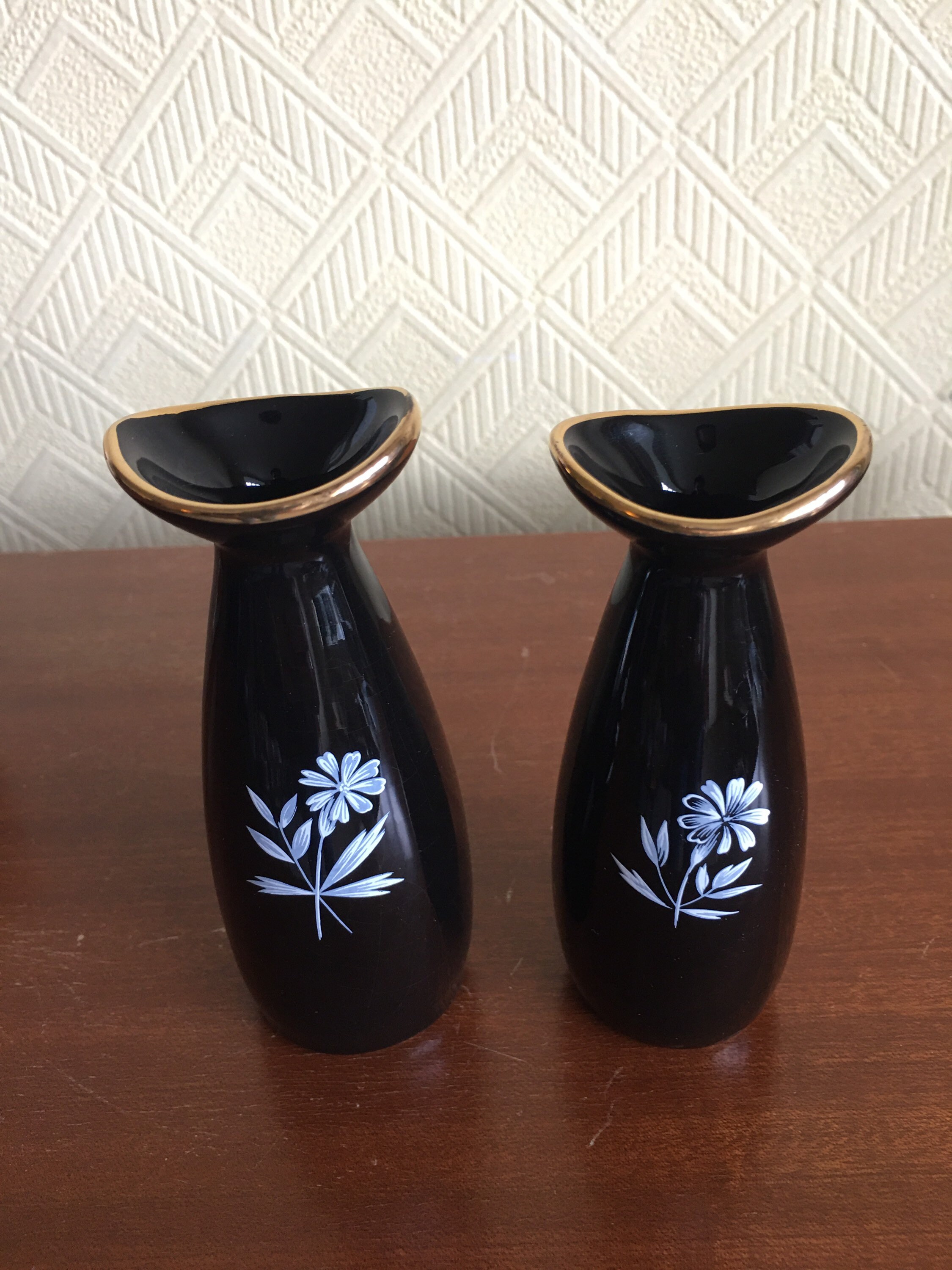 Vintage Pair Wade Stem Posy Vases Black Frost White Flower | Etsy