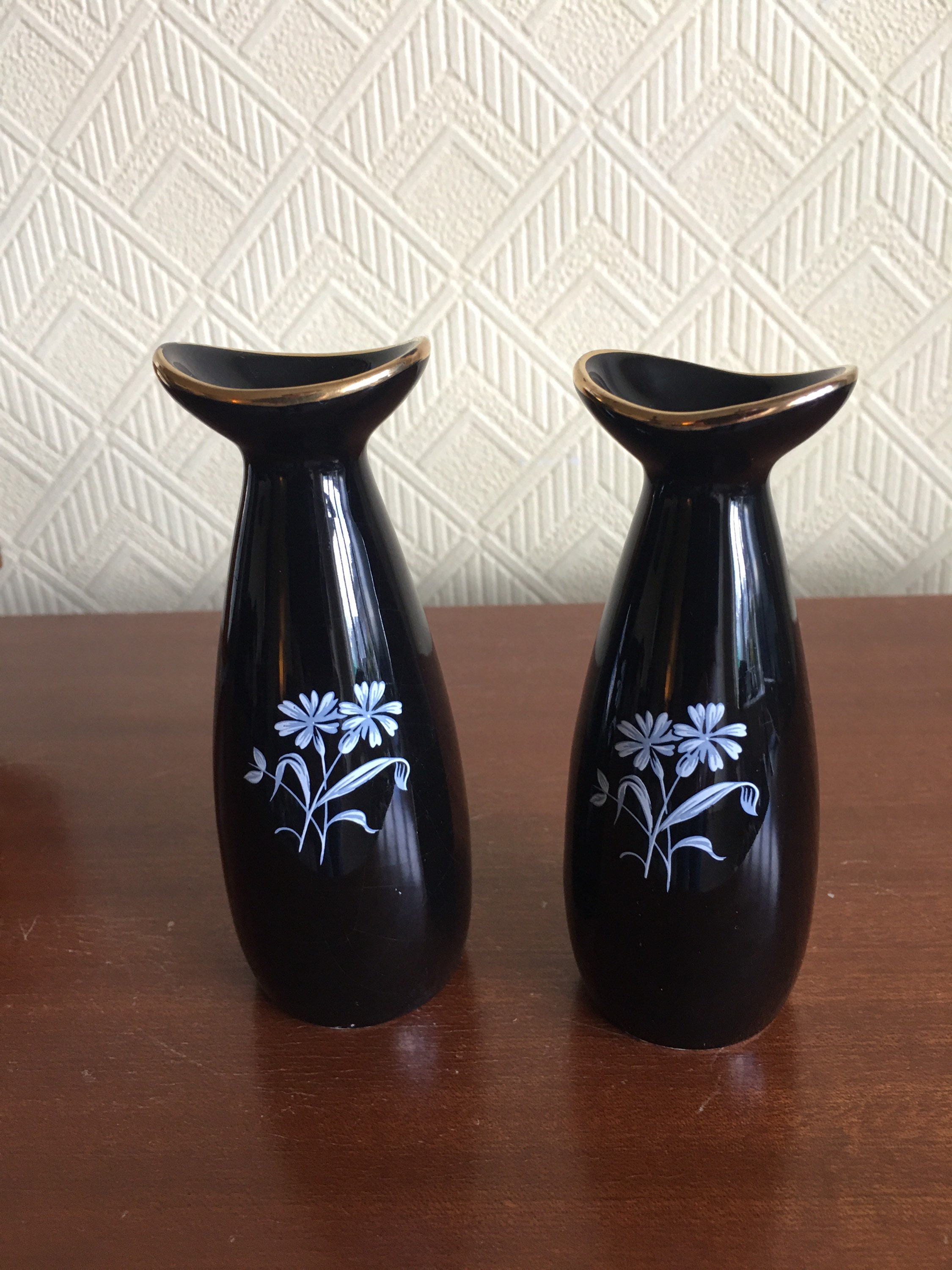 Vintage Pair Wade Stem Posy Vases Black Frost White Flower | Etsy