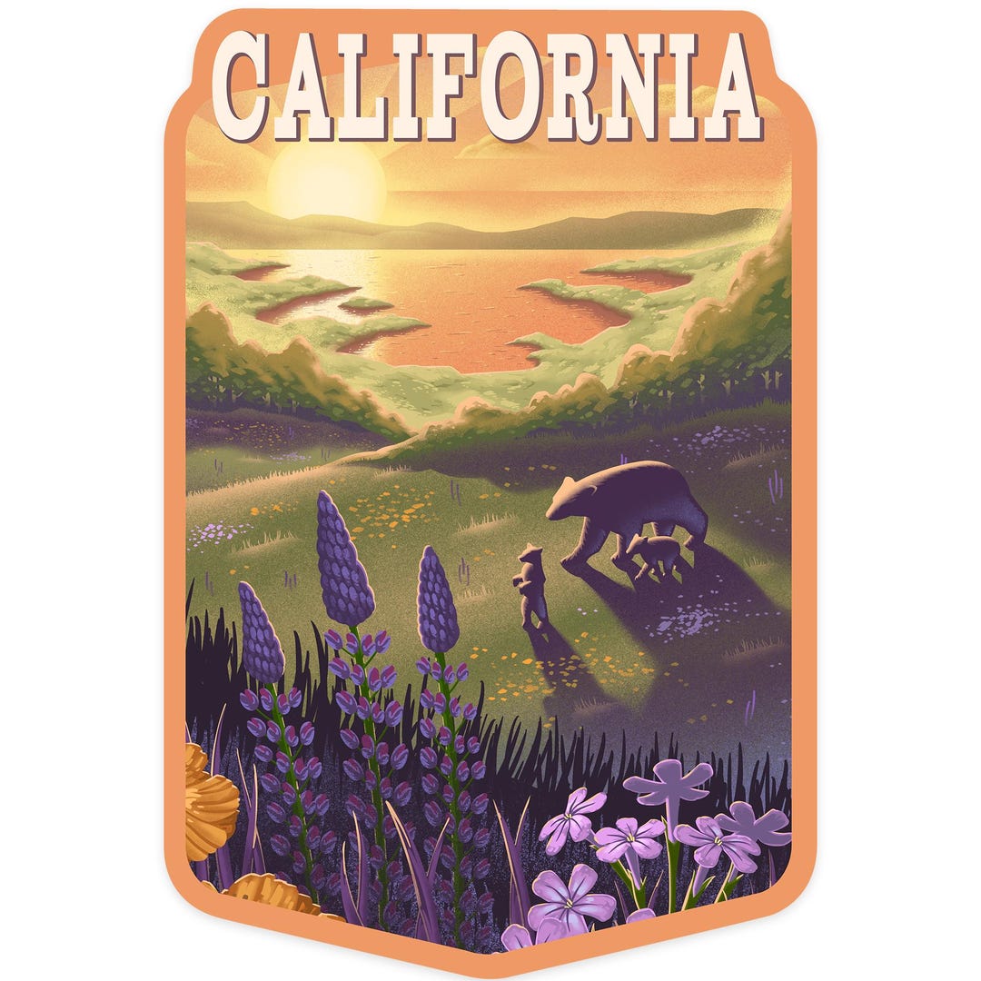Sticker, California, Lithograph, Bear and Spring Flowers, Contour ...