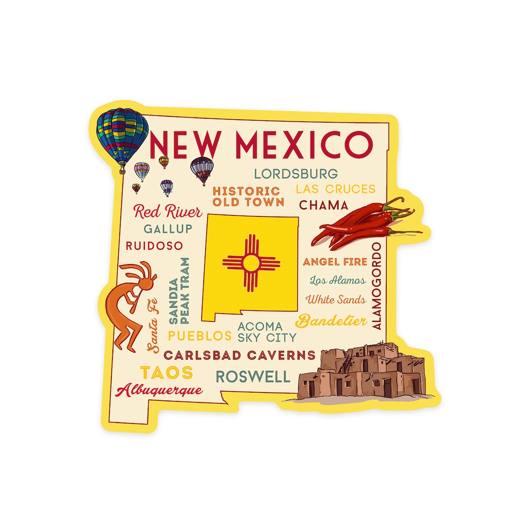 Sticker, New Mexico, Typography and Icons, Contour , Vinyl Die Cut ...