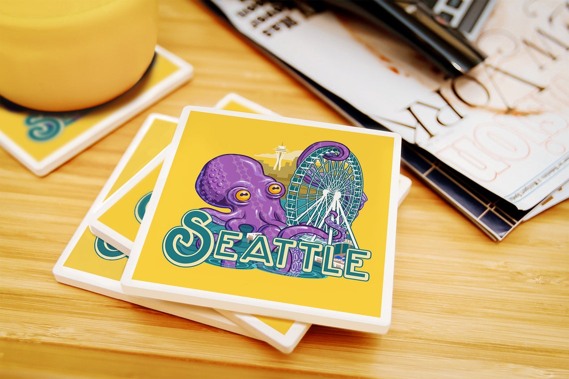 Coaster Set Seattle Washington Giant Octopus Contour - Etsy
