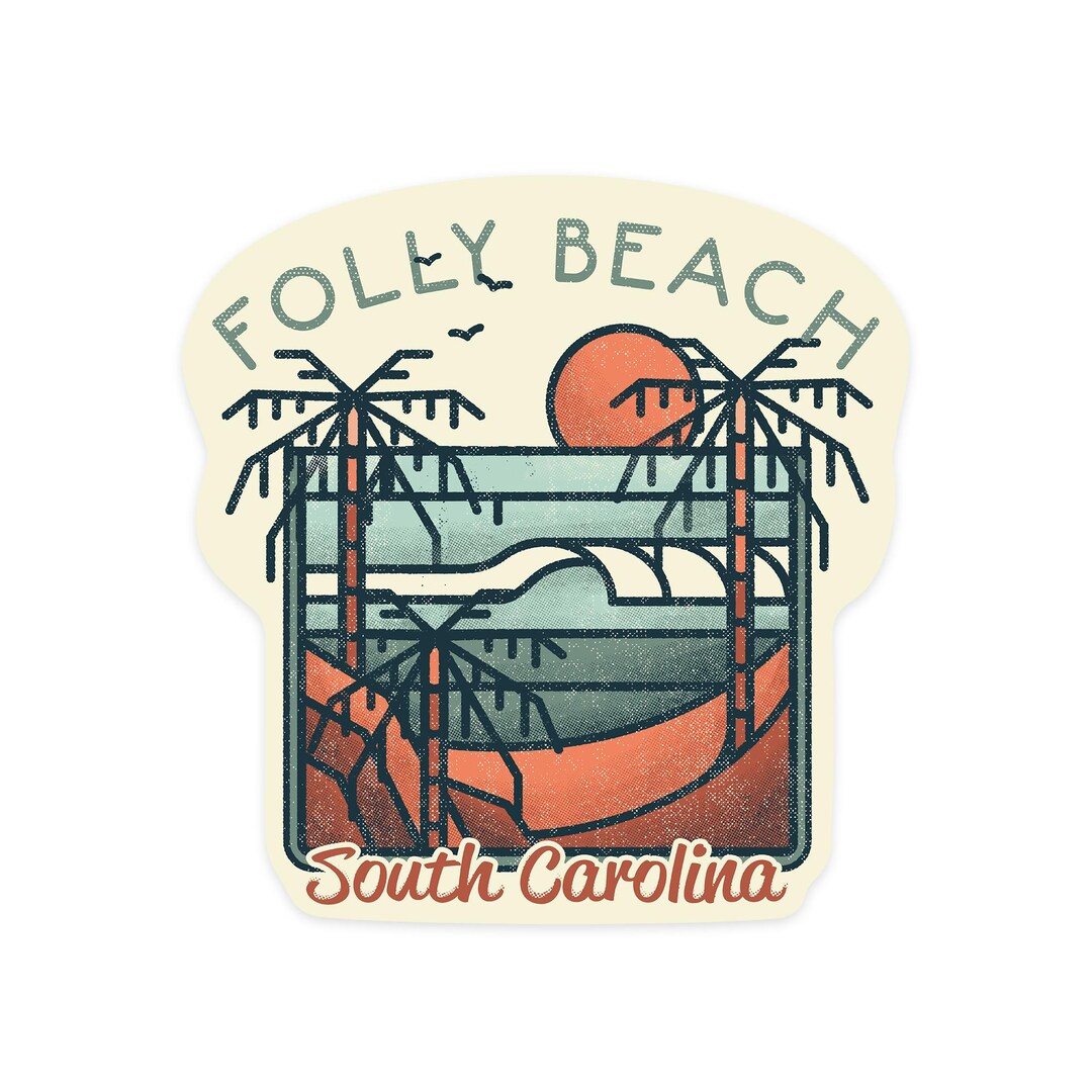 Sticker, Folly Beach, South Carolina, Palm Trees and Beach Scene, Block ...