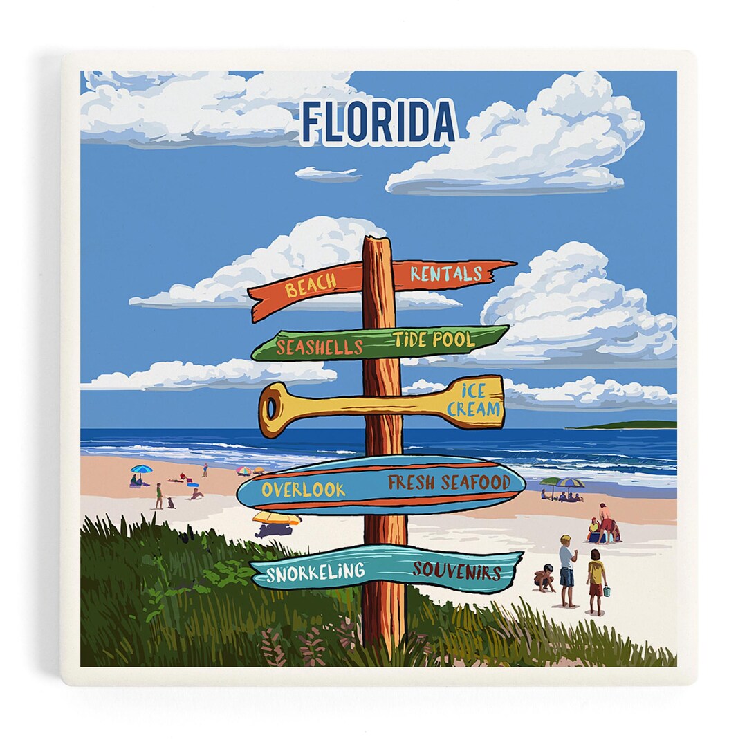 Coasters, Florida, Signpost, Coast Beach With Umbrellas, Cork Back ...