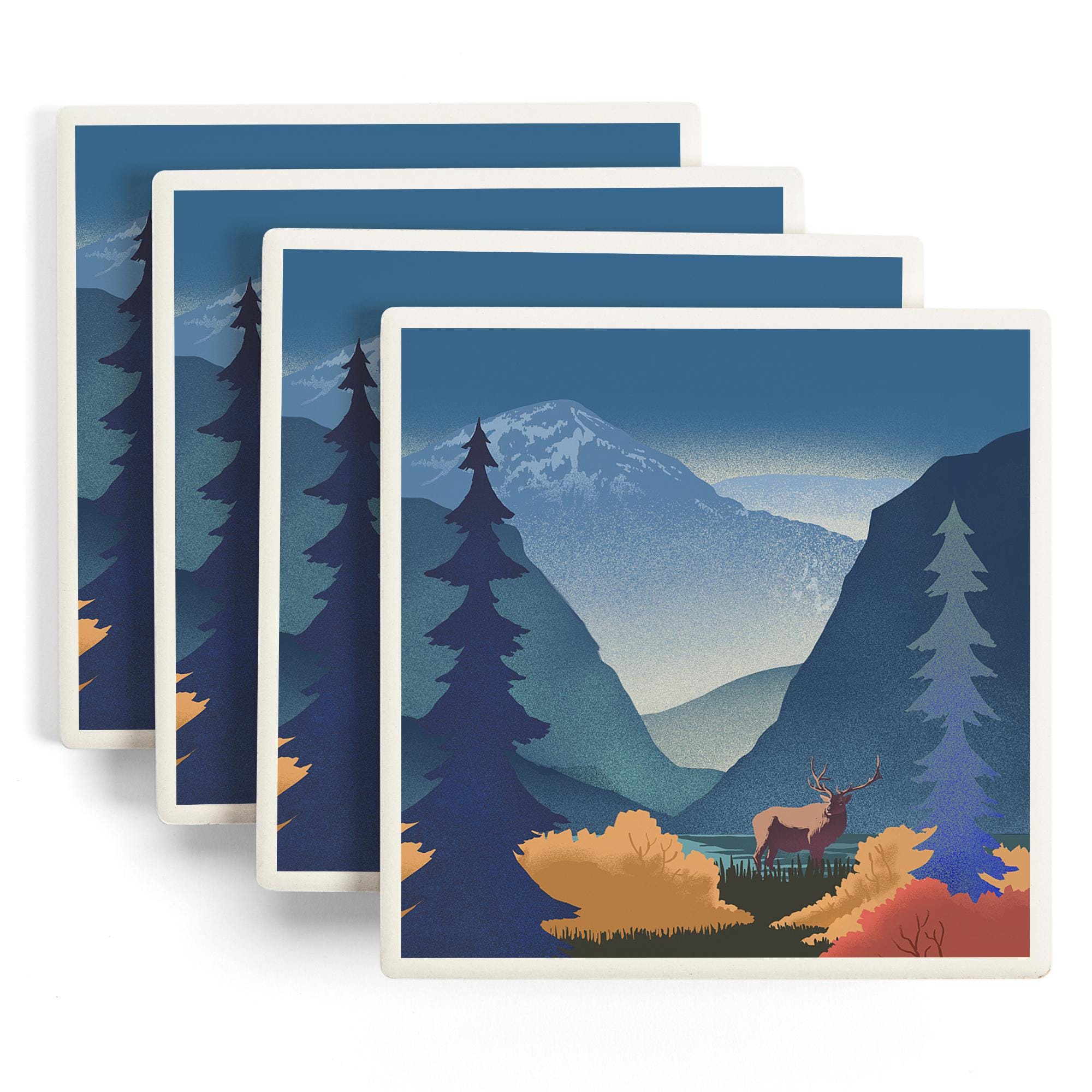 Coasters, Lithograph, Elk and Mountains Scene,, Cork Back, Absorbent ...