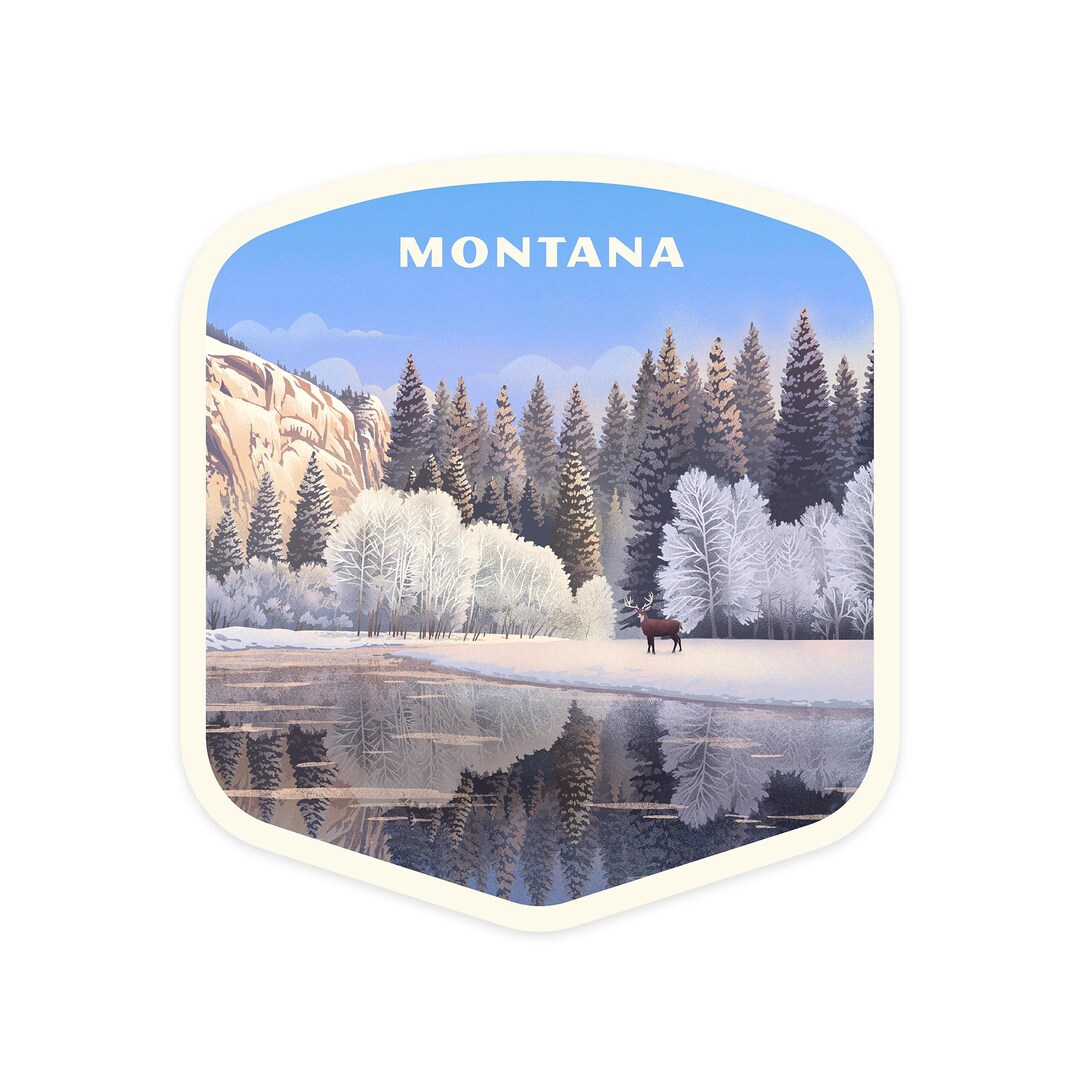 Sticker, Montana, Lithograph, Lone Deer by Snowy Lake , Vinyl Die Cut ...