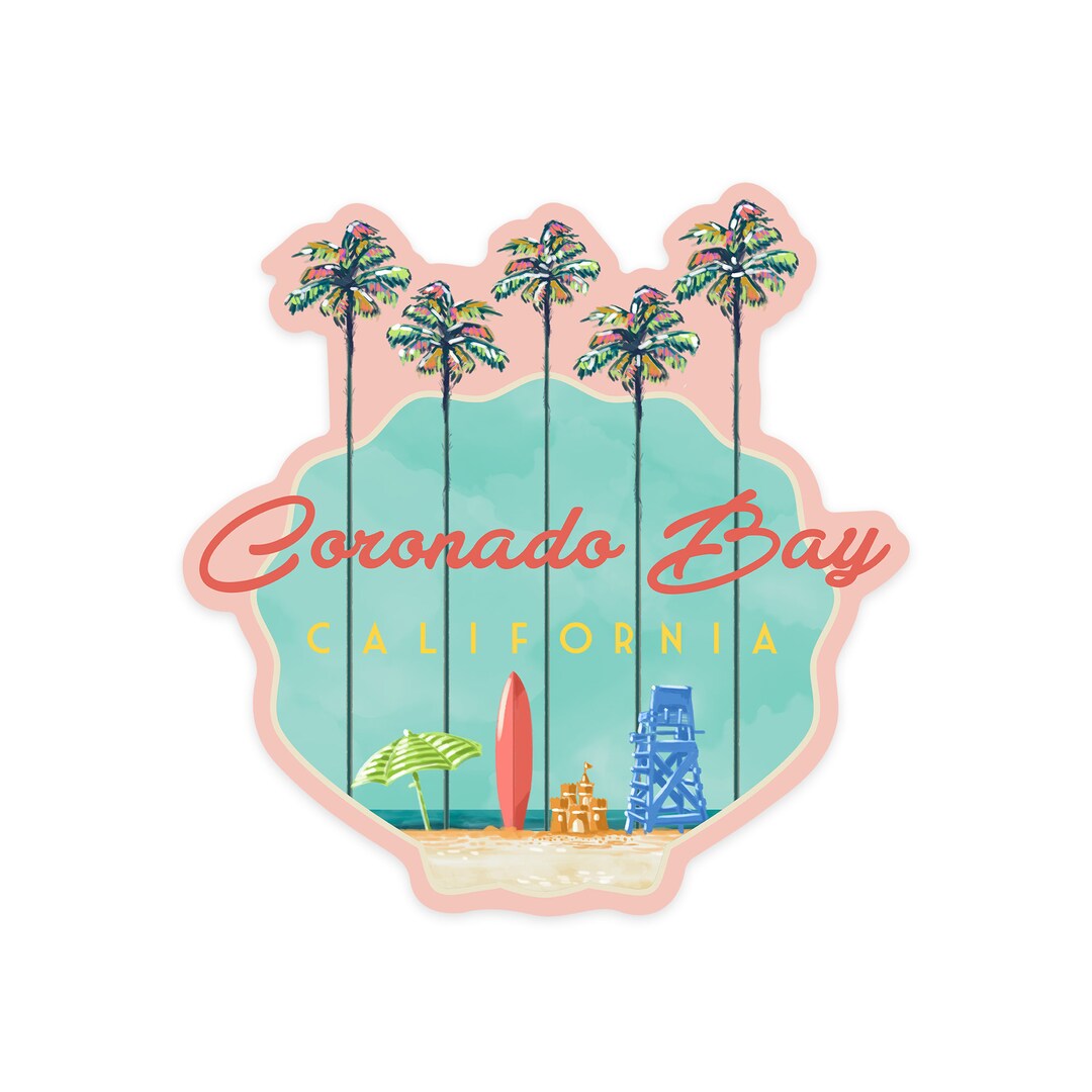 Sticker, Coronado Bay, California, Tall Palms Beach Scene, Shell ...